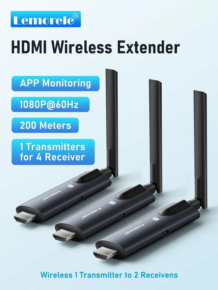 Lemorele комплект беспроводного HDMI передатчика и приемника,1TX+2RX, 1080P 60Hz, подходит для домашнего кинотеатра и офисных встреч