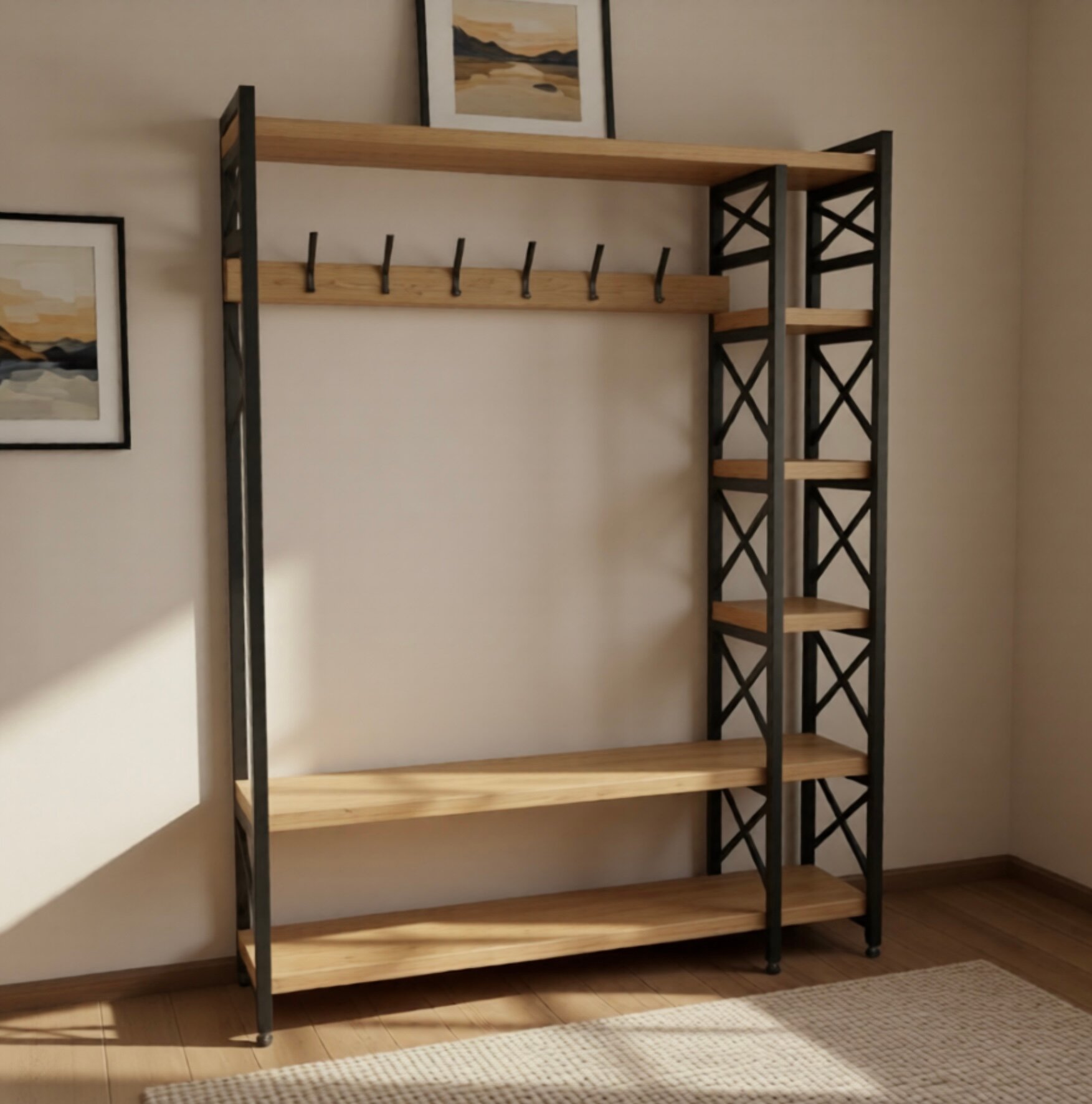 Прихожая в стиле Лофт, MANILLA-6XXL, дерево, металл, черная, 150x37x196 см