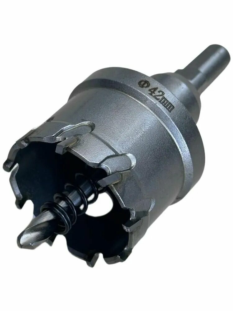 Коронка (корончатое сверло) по металлу 42 мм, твердосплавная, с центрирующим сверлом, хвостовик 3/8" (трехгранный)