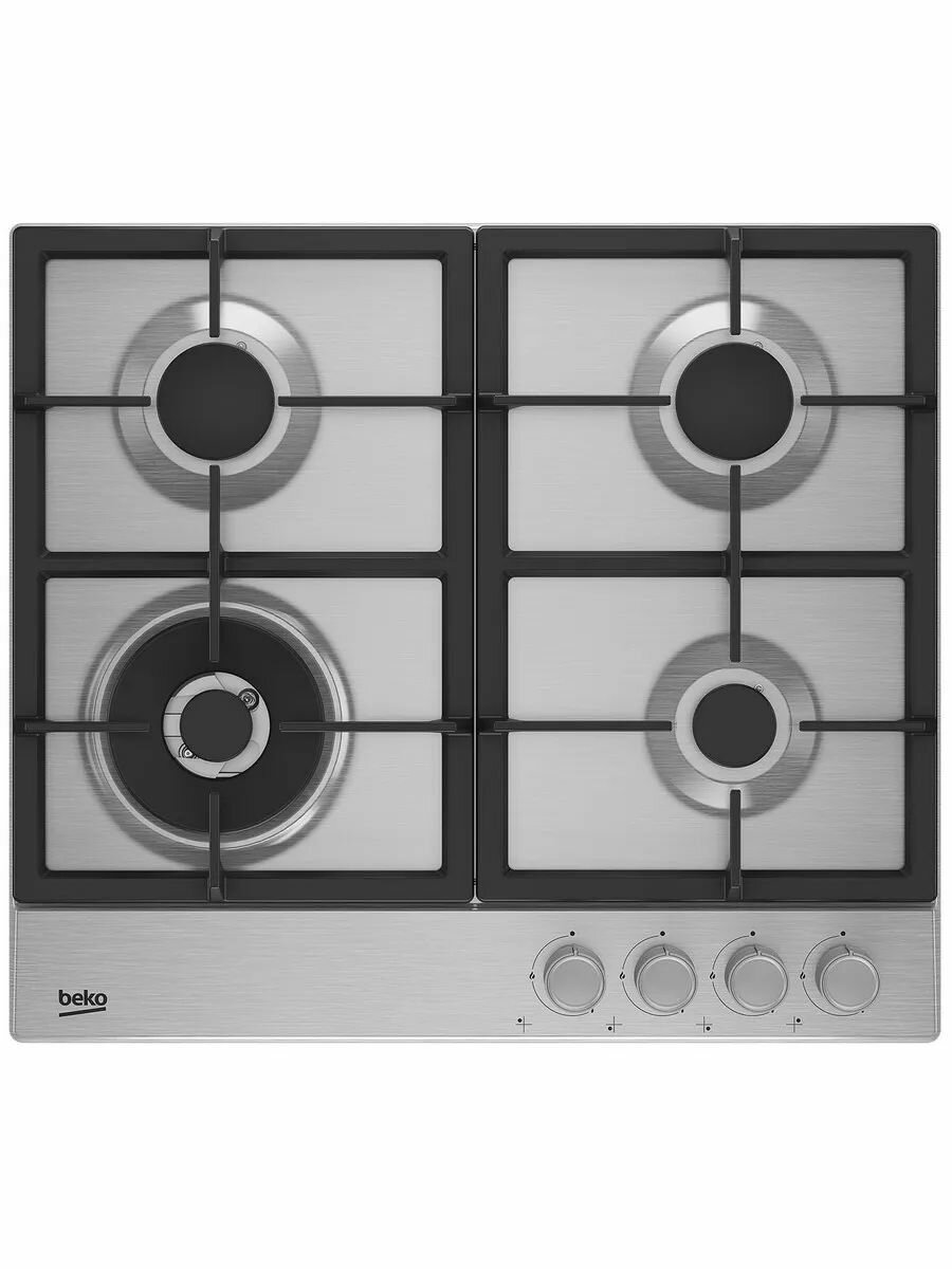 Варочная поверхность газовая Beko BHGM6422K5WX, 4 конфорки, газ-контроль, автоподжиг, ВОК-конфорка, нержавеющая сталь