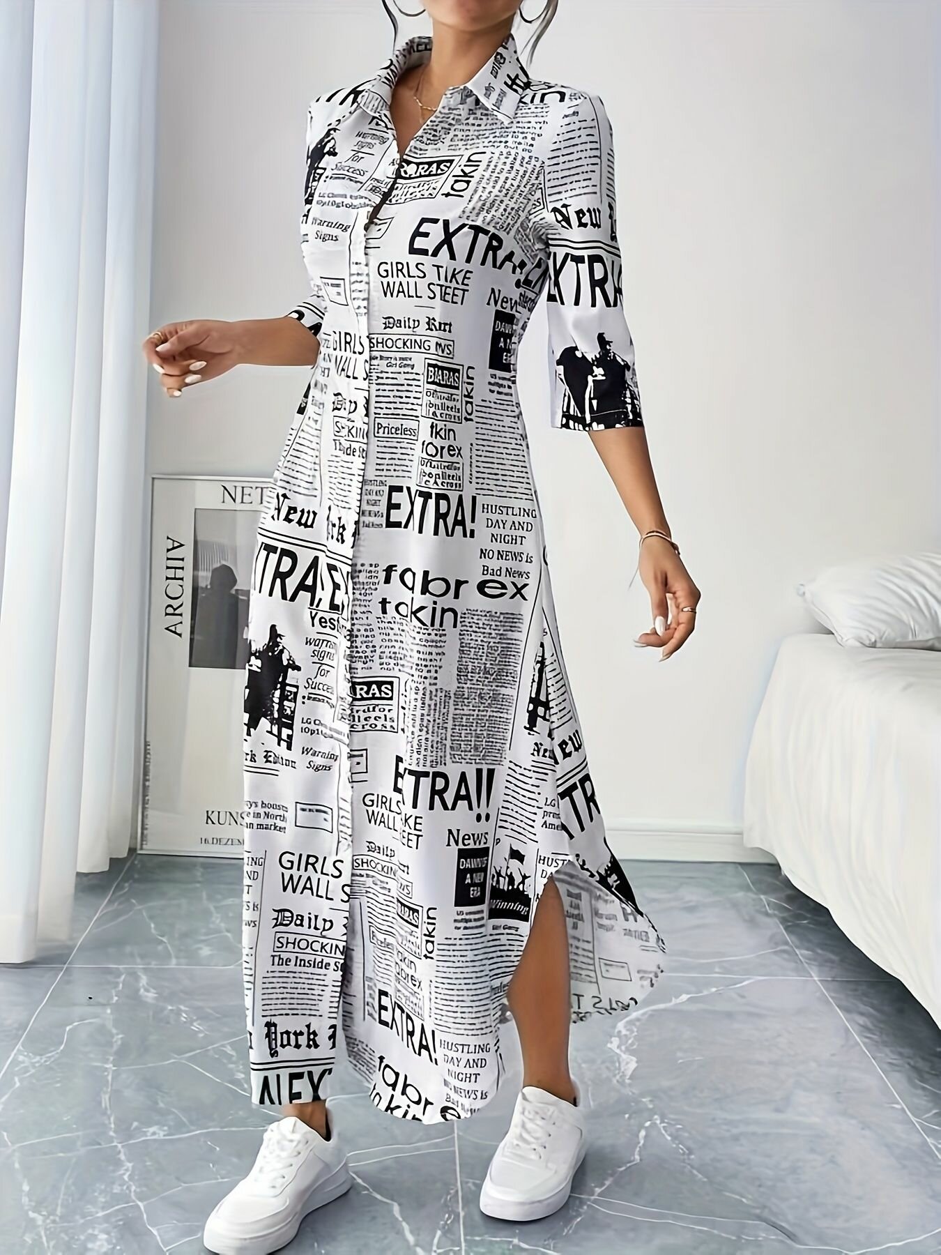 Черно-белое платье-рубашка с газетным принтом, модное платье в городском стиле с высокими разрезами и длинными рукавами