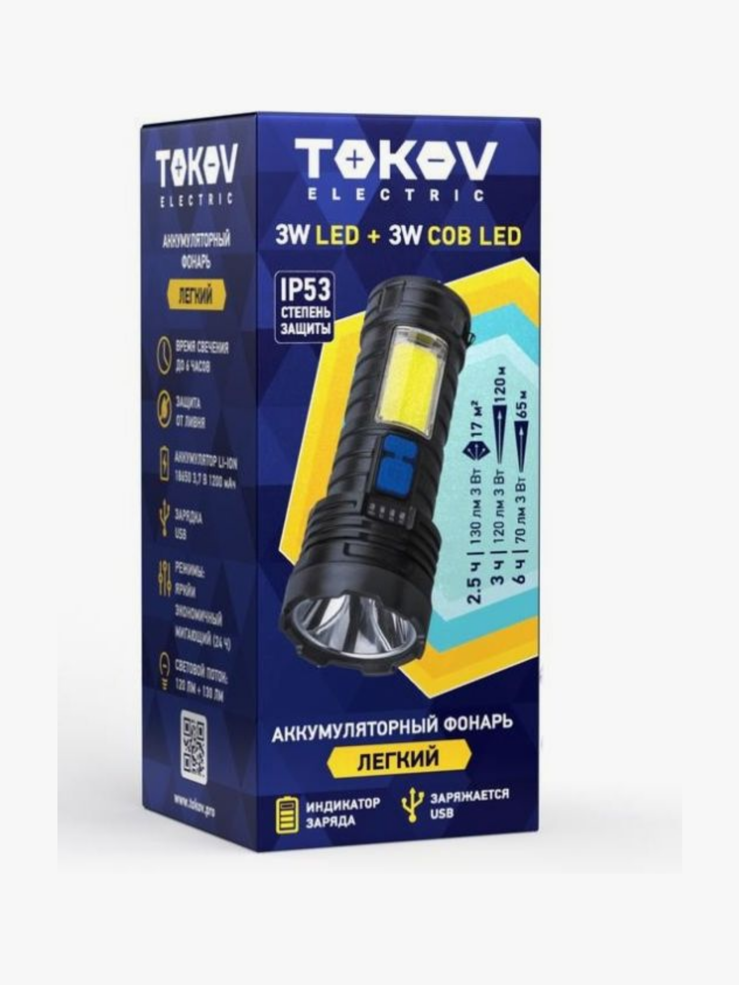 Фонарь TOKOV ELECTRIC TKE-RF-A-09, аккумуляторный, 130лм, IP54, влагозащита, черный