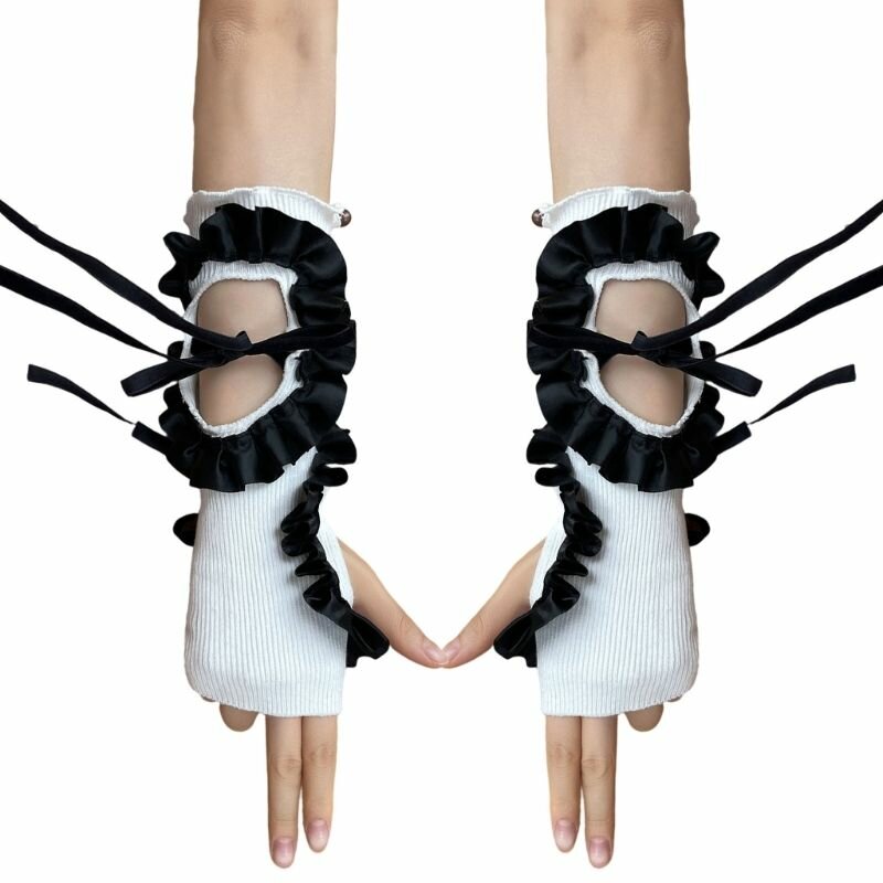(1 пара) Перчатки-нарукавники Y2K, ажурные, со сборками и атласными кружевными лентами - белые