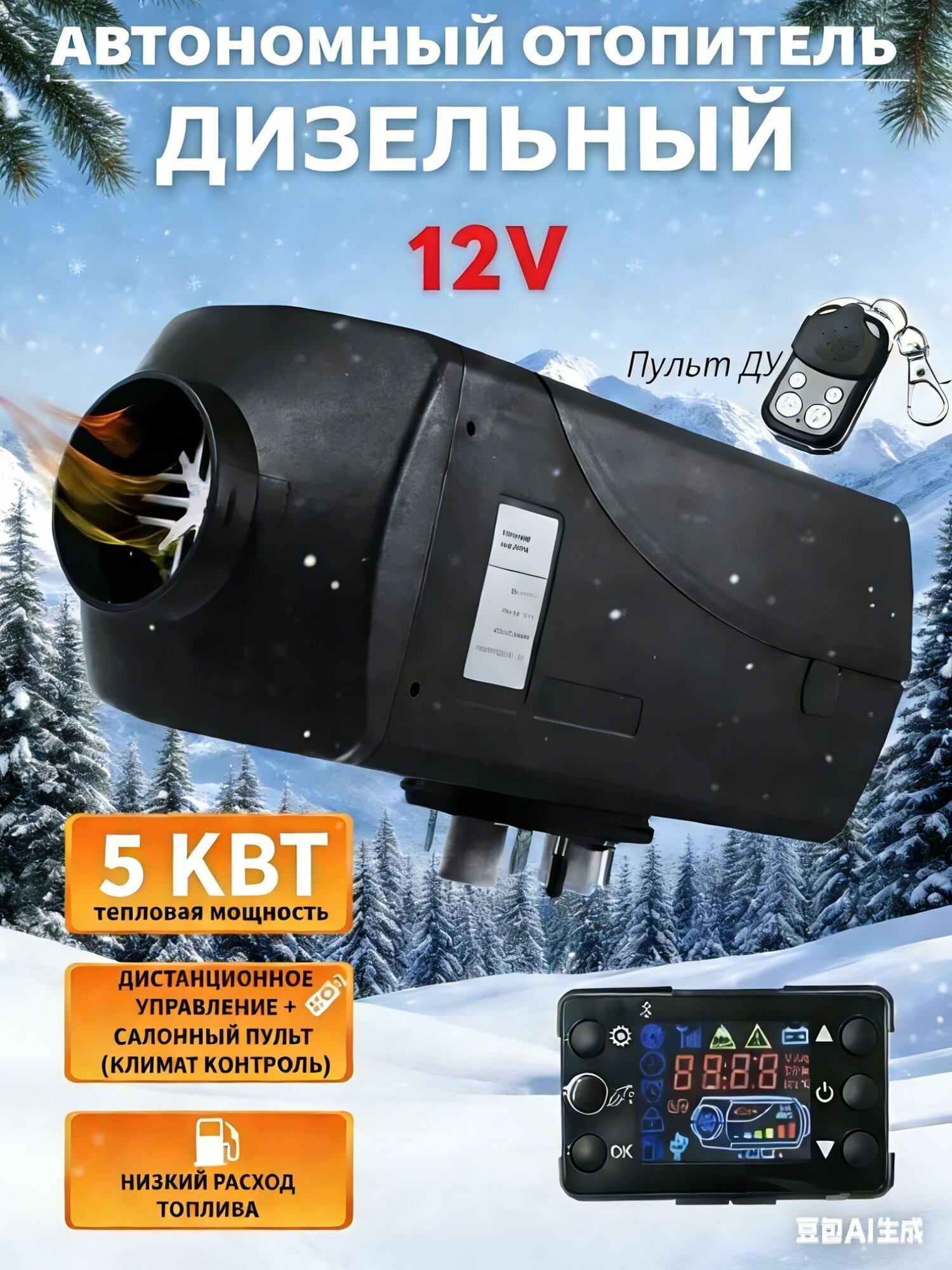 Дизельный отопитель автономный, 5000 Вт арт. 12V, С дистанционным управлением