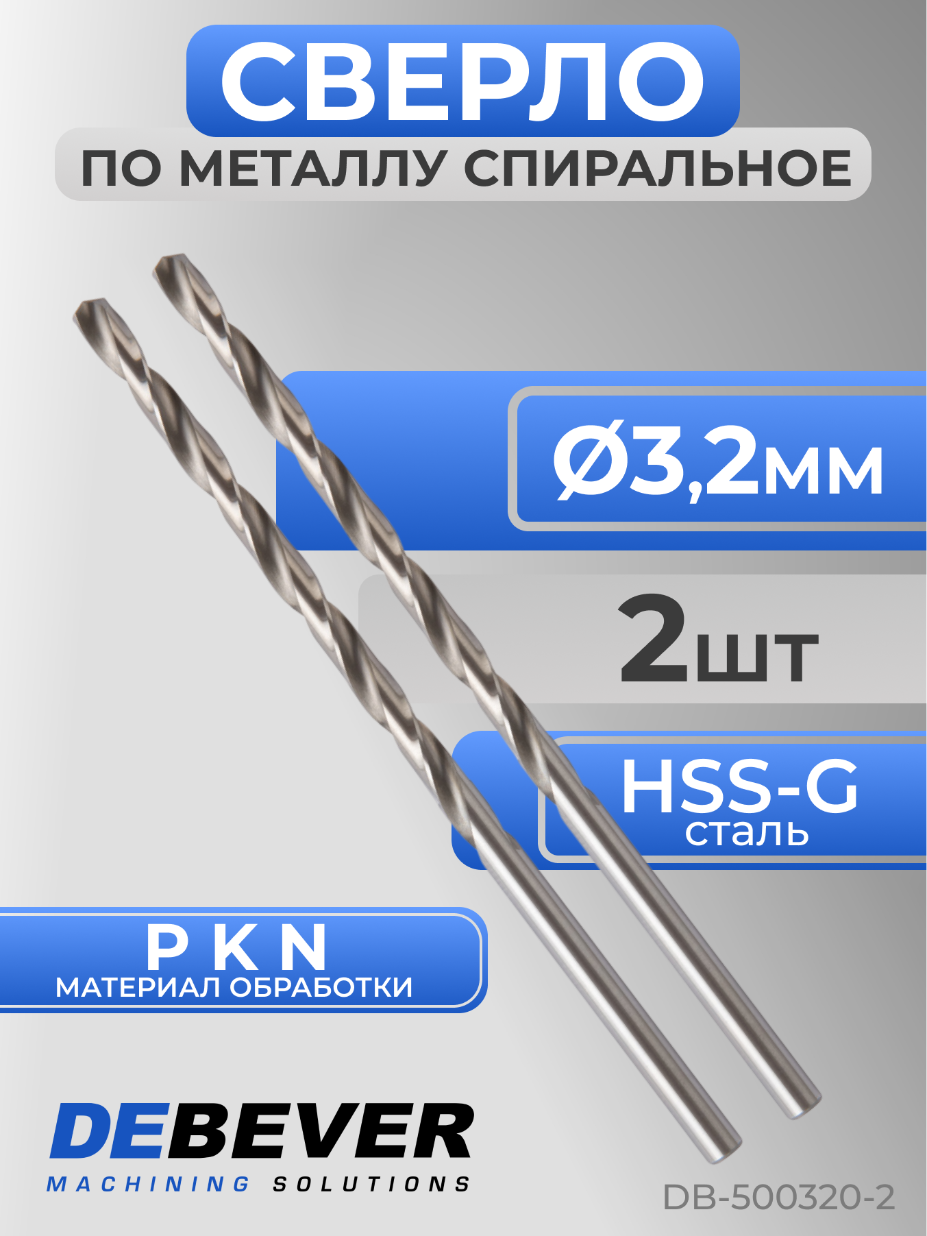 Сверло спиральное по металлу 3,2 мм, L 106/69, HSS-G, DIN 340, 2 шт. в упаковке