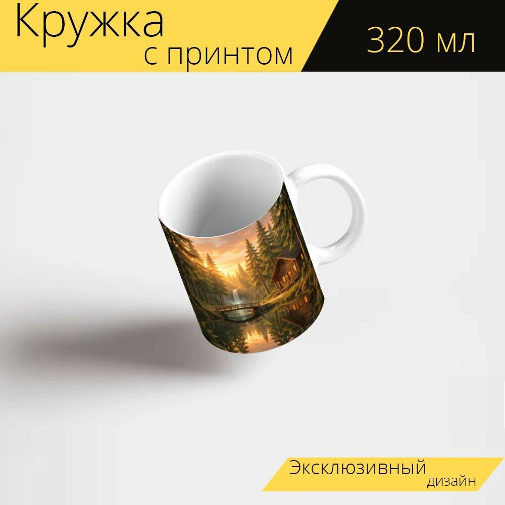 Кружка с рисунком, принтом "Лесная хижина у водопада. Уютный деревянный домик среди высоких елей, мостик над тихой рекой, водопад вдали и теплый закатный свет. Живописная." 320 мл.
