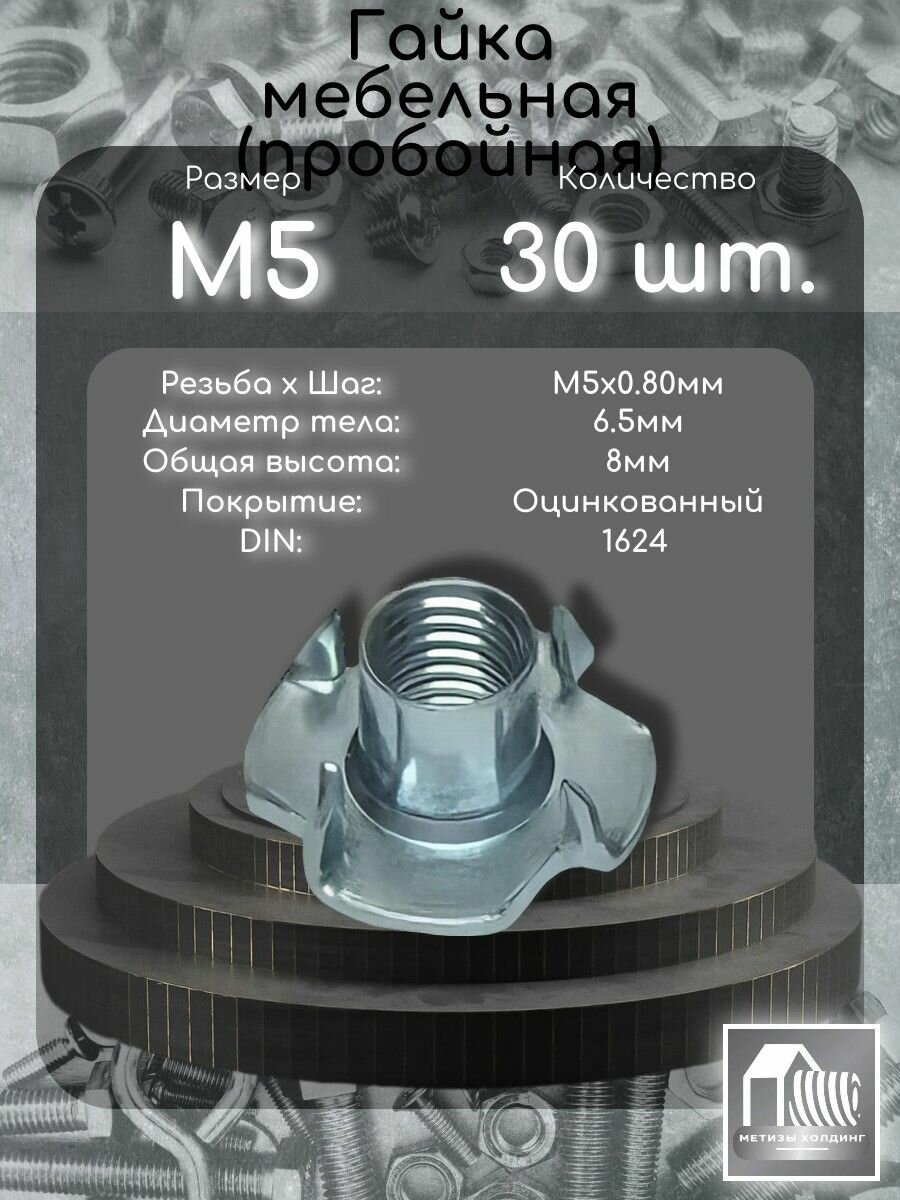 Гайка М5 мебельная врезная (пробойная, усовая) DIN1624, оцинкованная, 30 шт.