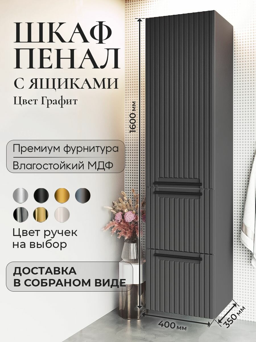 Шкаф пенал для ванной с ящиками подвесной BELLA Графит аквакрафт, правое открывание