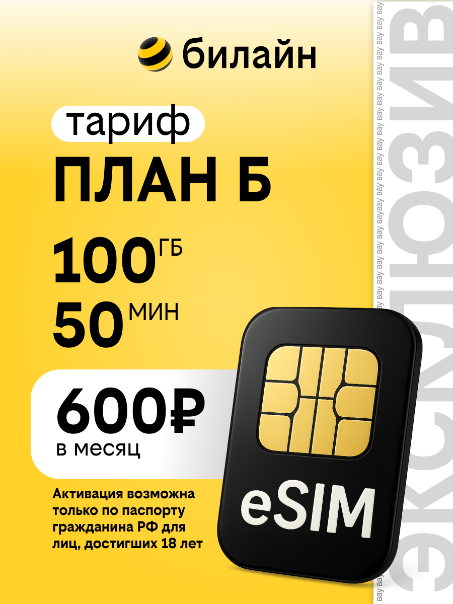 ESIM Билайн «План Б» 100 ГБ, 50 минут, безлимит на соцсети и мессенджеры