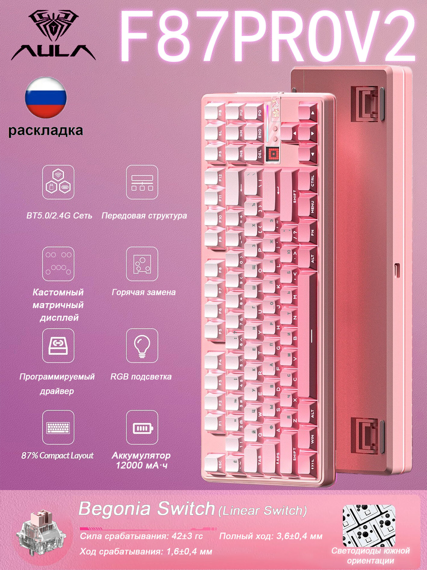 AULA F87 PRO V2: 3-режимная беспроводная механическая клавиатура (87%, Русские наклейки, 5-слойная шумоизоляция)