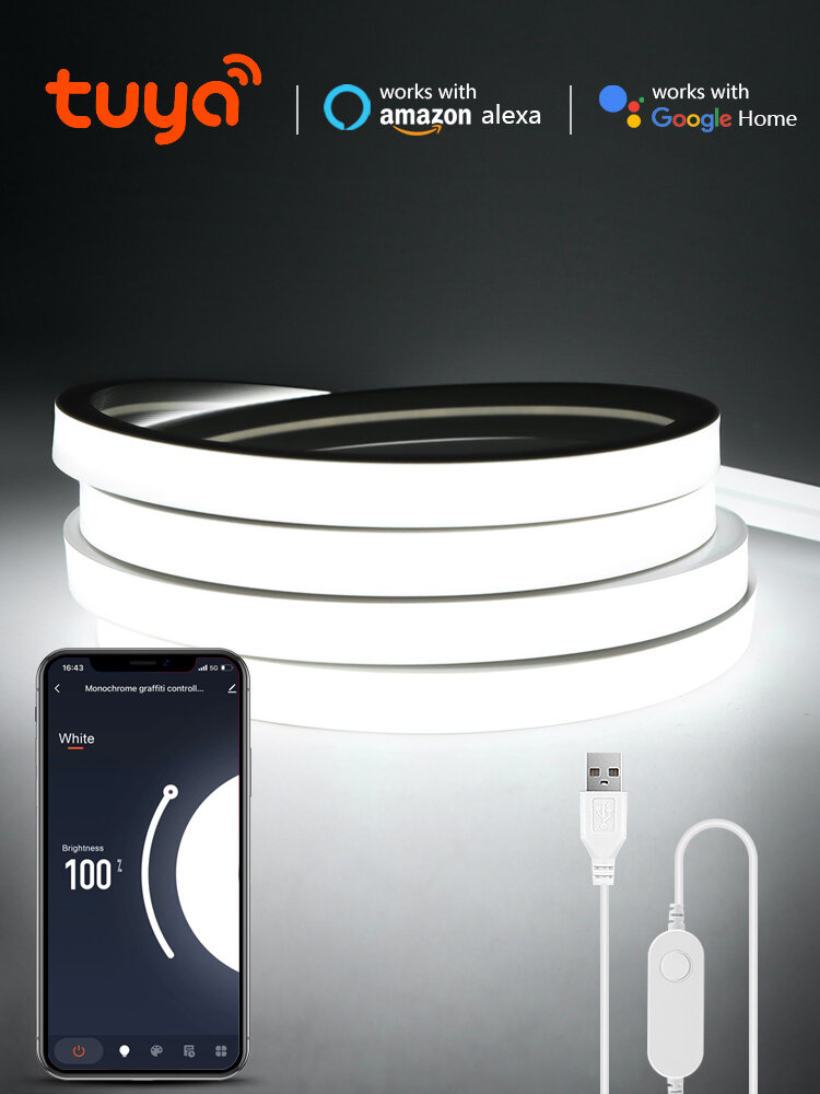 Водонепроницаемая интеллектуальная неоновая лента 6MMX11MM+ USB 5V TUYA WIFI одноцветный контроллер (с кнопкой) B1132 DC5V COB LED