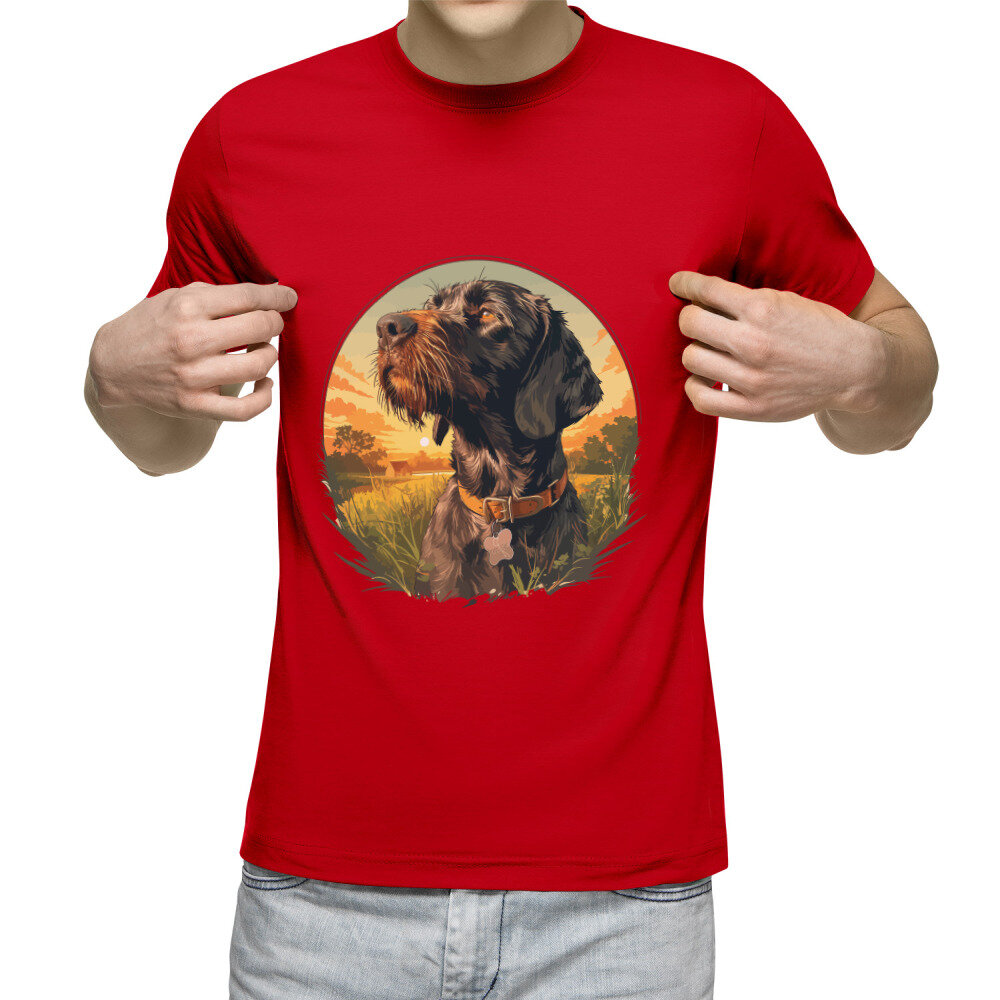 Мужская футболка «Дратхаар и закат» (красный, 2XL)