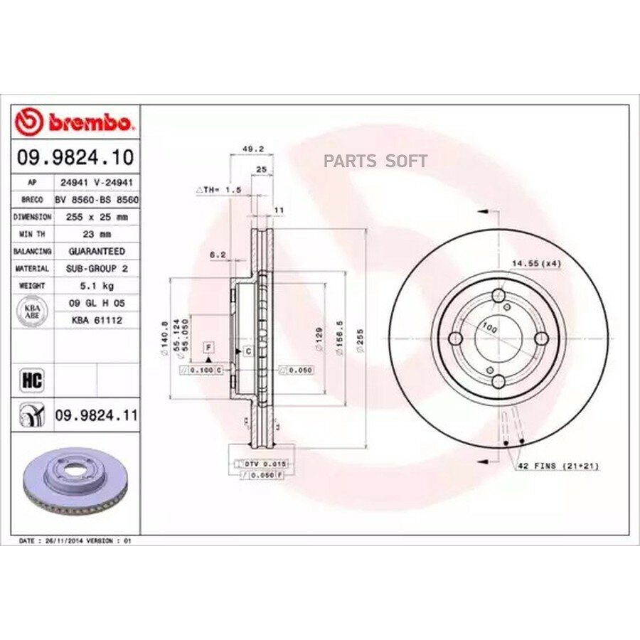 Диск тормозной (Спереди) Toyota Corolla (E120) 00-07 / Corolla Fielder 00-06 BREMBO 09.9824.10 | цена за 1 шт