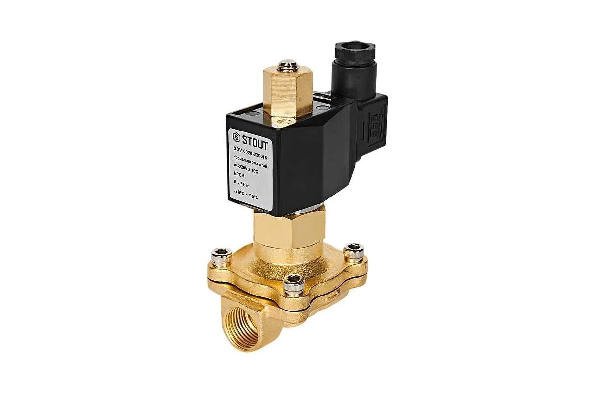 Клапан соленоидный STOUT SSV‑0020‑220015 1/2 дюйма латунный с EPDM уплотнением, IP65, пропускная способность 4.8 м³/ч, напряжение 220 В