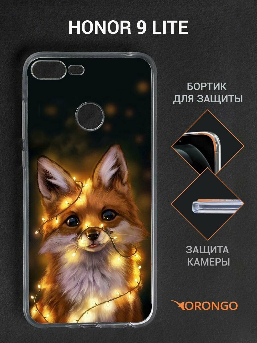 Чехол на Honor 9 Lite прозрачный с рисунком, с принтом лиса огни / Хонор 9 Лайт