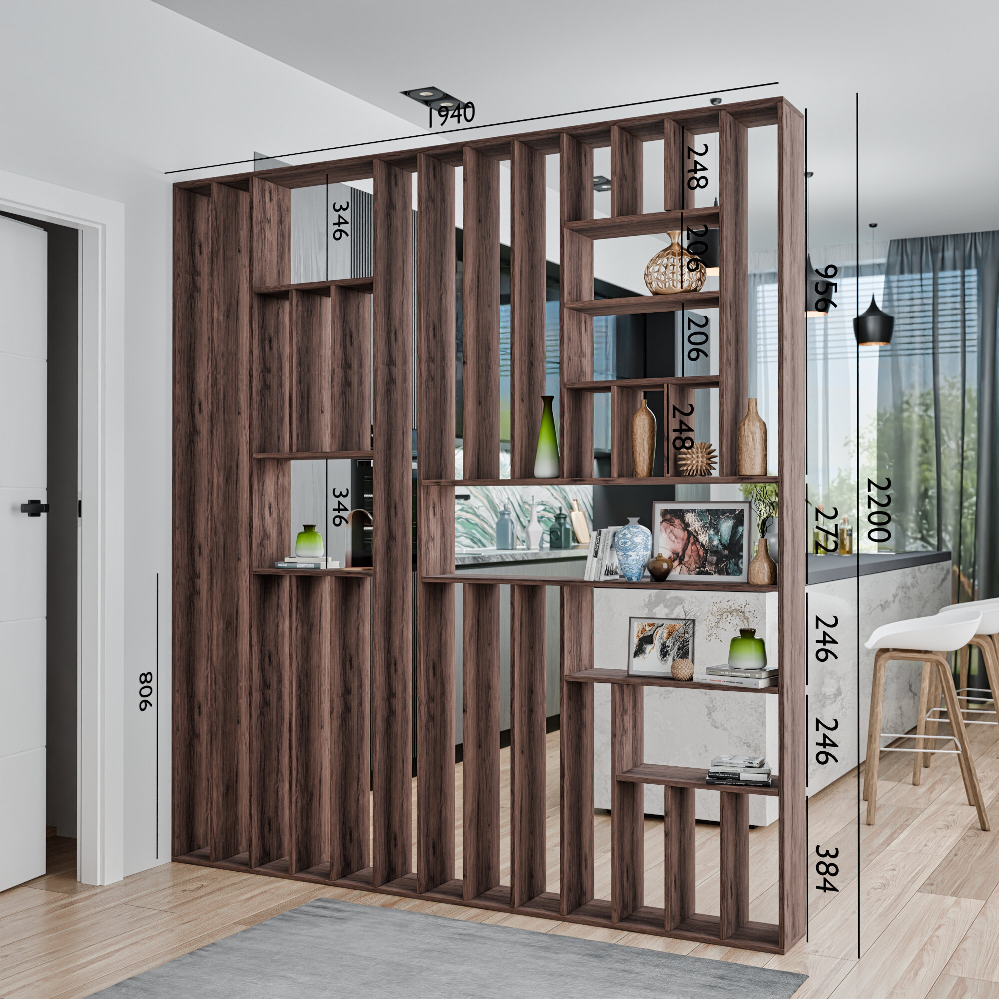 Реечная перегородка с полками для зонирования 1940 мм, Дуб Катания