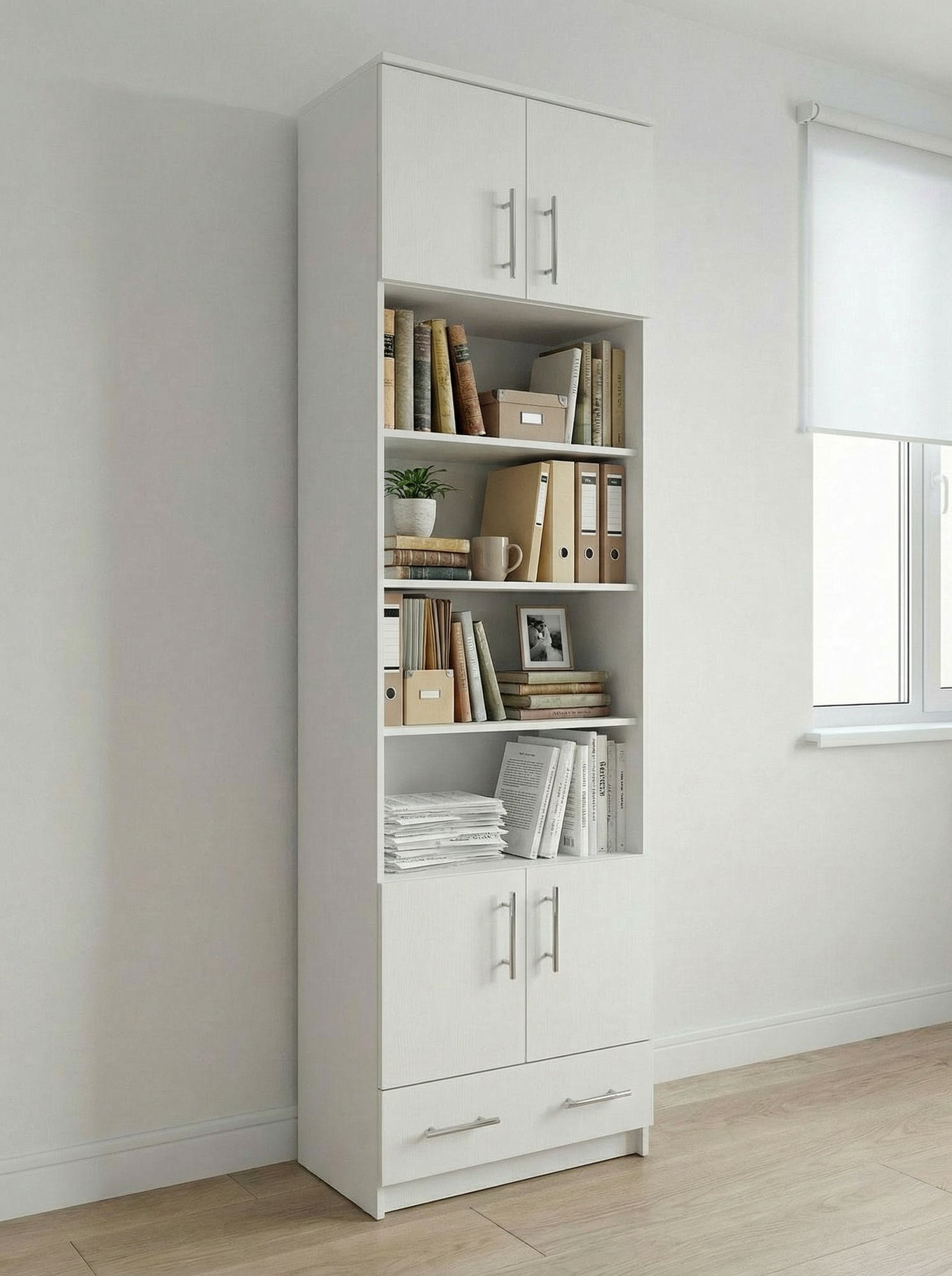 Стеллаж открытый напольный с ящиком и 4 дверцами Стим-25, ШхГхВ: 70х38х240 см, белый