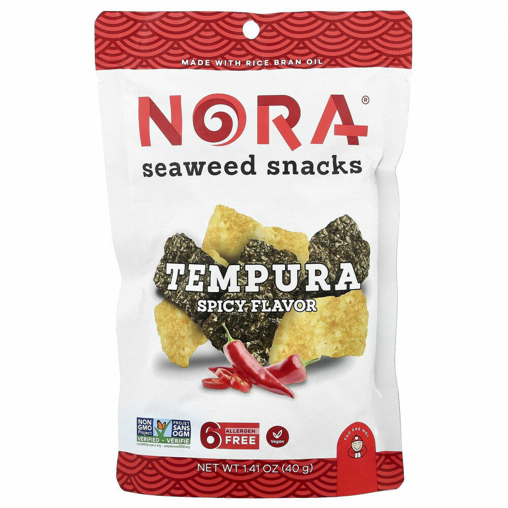 Nora Snacks, снеки с морскими водорослями, темпура, пряные, 40 г (1,41 унции)