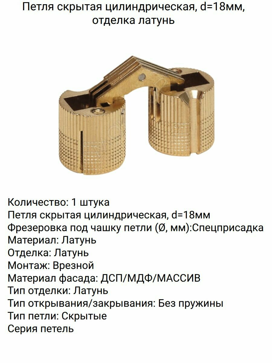 Петля ломберная скрытая цилиндрическая, d 18 мм, отделка латунь
