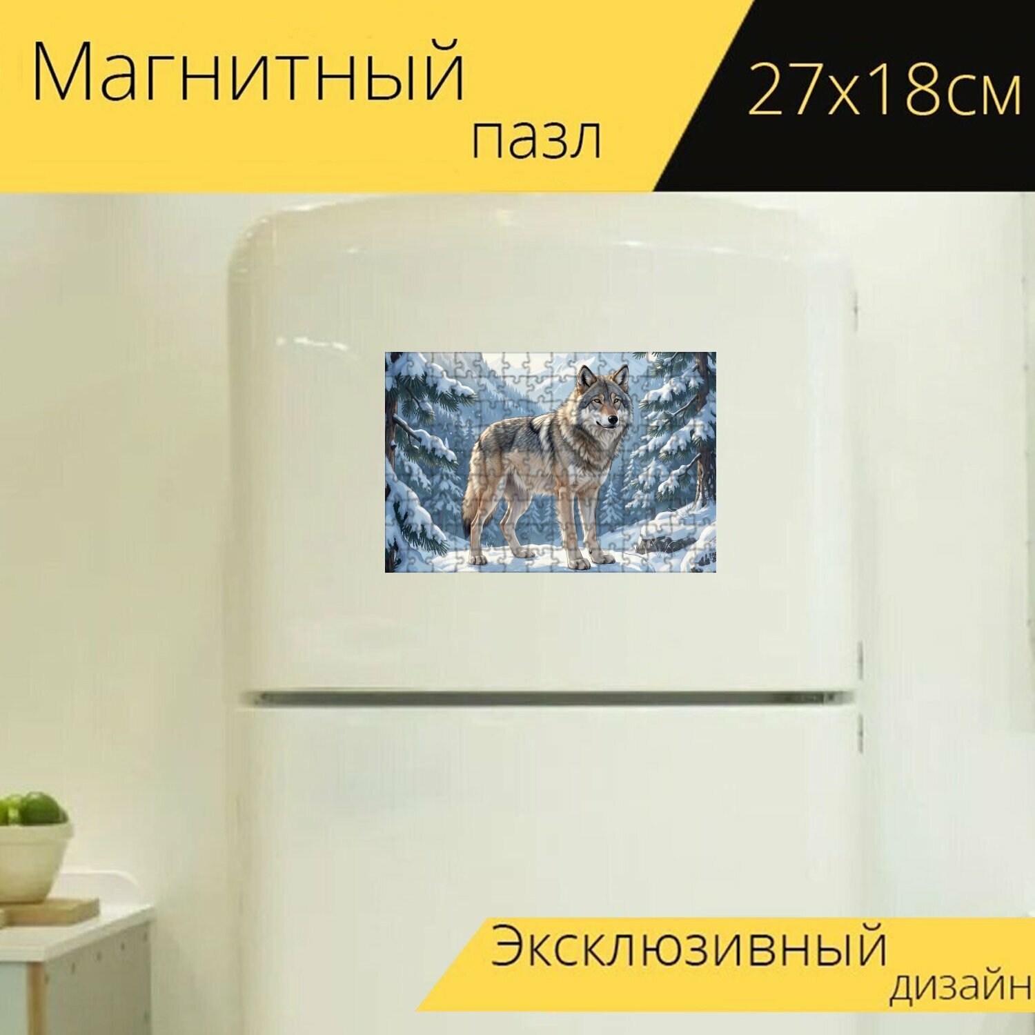 Магнитный пазл "Волк в зимних горах. Серый хищник стоит на заснеженной скале среди хвойного леса и альпийских вершин. Цифровая иллюстрация в холодных." на холодильник 27 x 18 см.