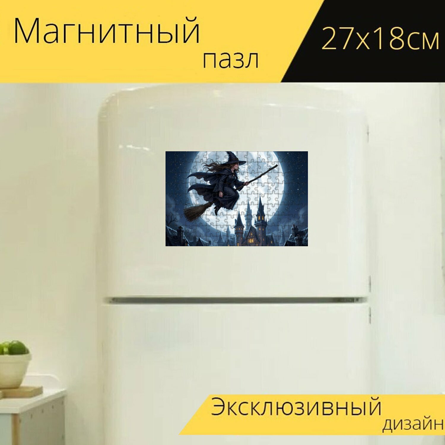 Магнитный пазл "Ведьма на метле при луне. Волшебница летит над средневековым замком и ночным городом на фоне огромной полной луны. Фэнтези-иллюстрация в." на холодильник 27 x 18 см.