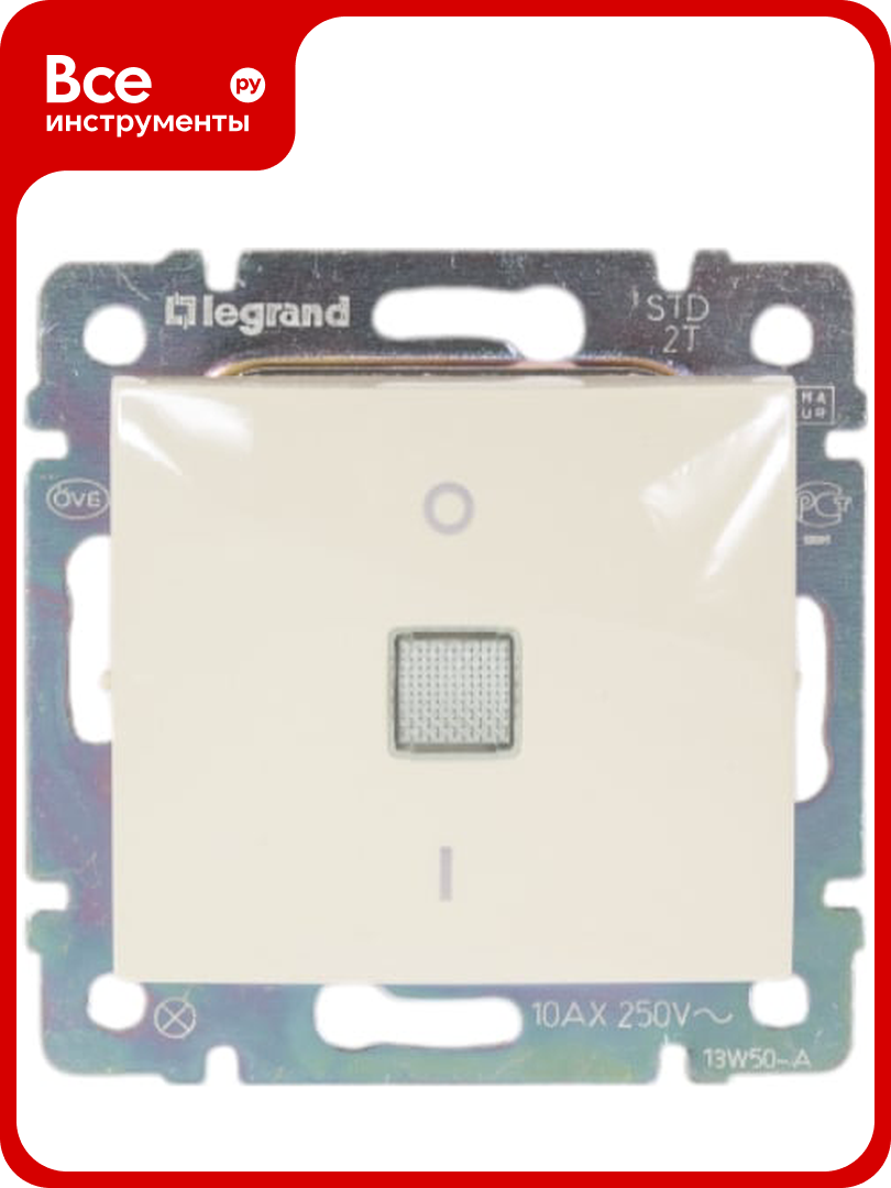 Выключатель Legrand одноклавишный двухполюсный с индикацией Legrand Valena 10А 250В схема 2T безвинтовые зажимы слоновая кость 774349