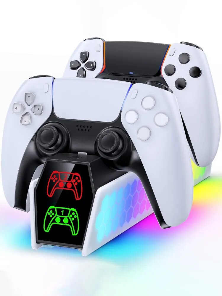 Беспроводная док-станция для 2 контроллеров PS5, совместима с DualSense и Edge, 9 режимов подсветки, LED-индикатор и выключатель