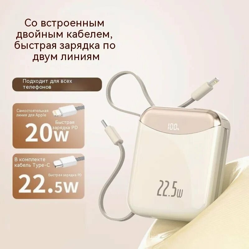 Пауэрбанк 10000 мАч с Сертификатом CCC, Быстрая Зарядка 22.5W, Встроенный Кабель, Цифровой Дисплей