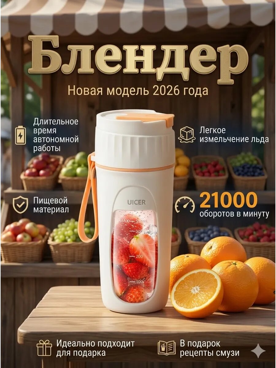 Портативный блендер беспроводной для смузи и коктейлей, 3 скорости с дисплеем, белый