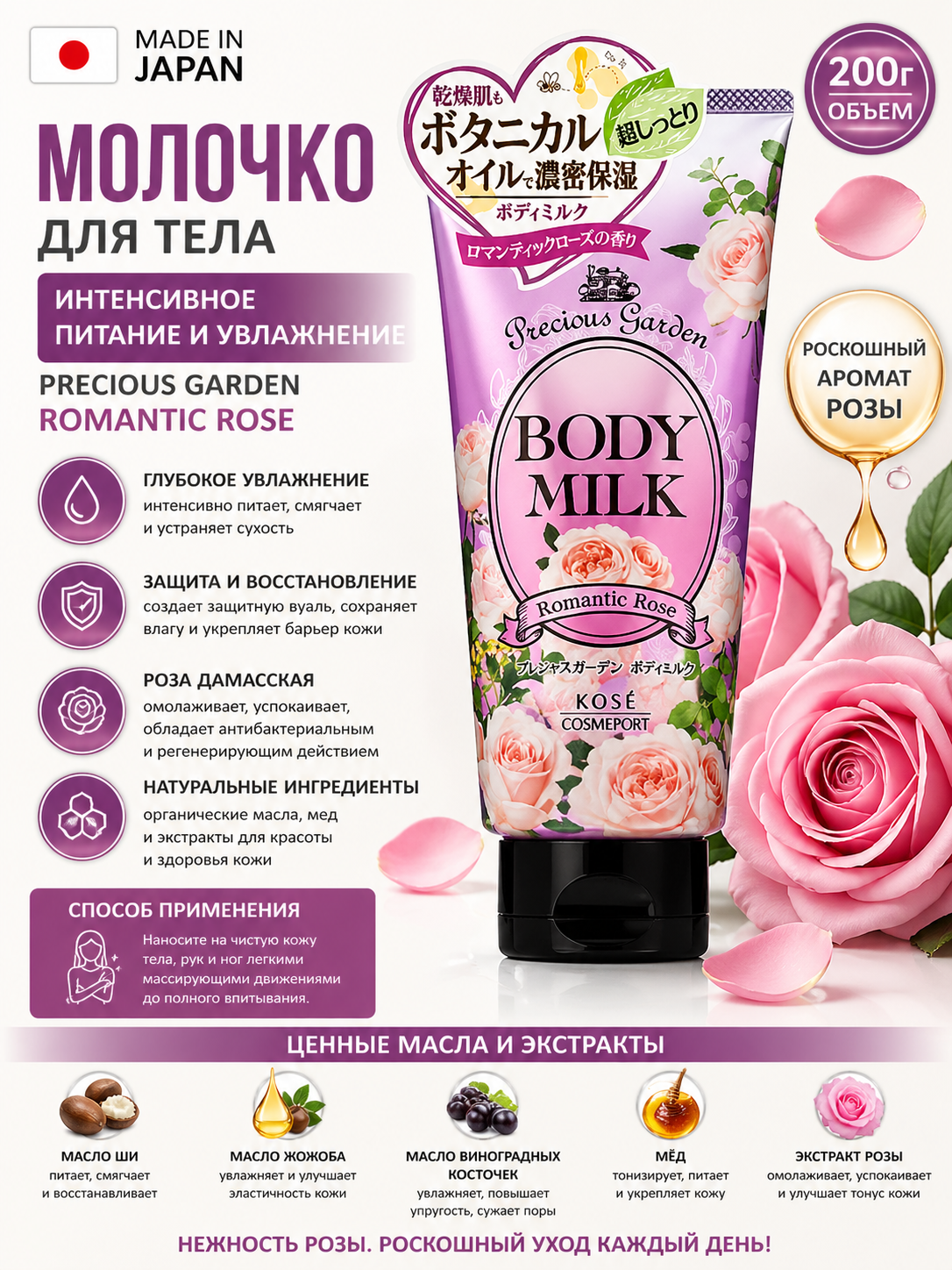 Молочко для тела увлажняющее Precious Garden с ароматом розы 200 г