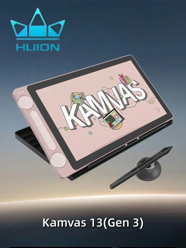 Графический планшет Графический планшет Kamvas 13 (Gen 3) с экраном, 13,3 дюйма, полностью ламинированный, с антибликовым стеклом Canvas, 99% sRGB, PenTech 4.0, 16384 чувствительности пера, двойной диск управления для ПК, Mac и Android, черный, розовый