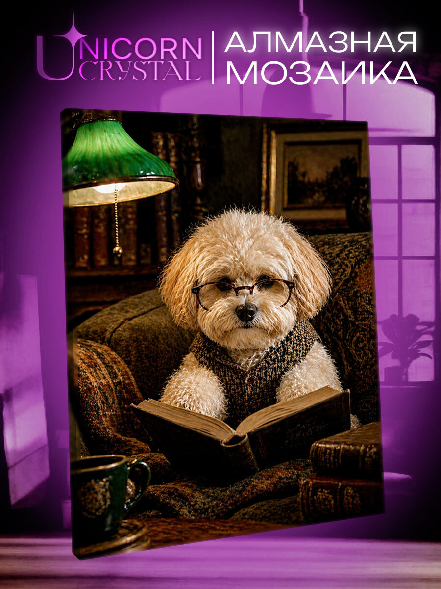 Алмазная мозаика Мальти-пу в очках читает книгу на диване