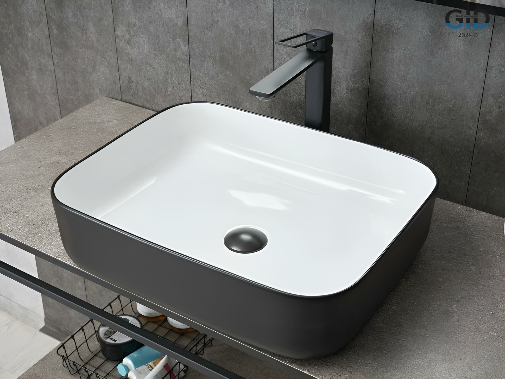 Раковина GID-ceramic Nc366, накладная, прямоугольная, 50х39х13 см, белая, чёрная