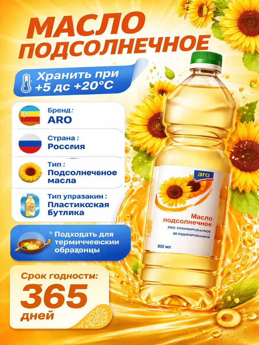 Aro Масло подсолнечное рафинированное дезодорированное, 900мл