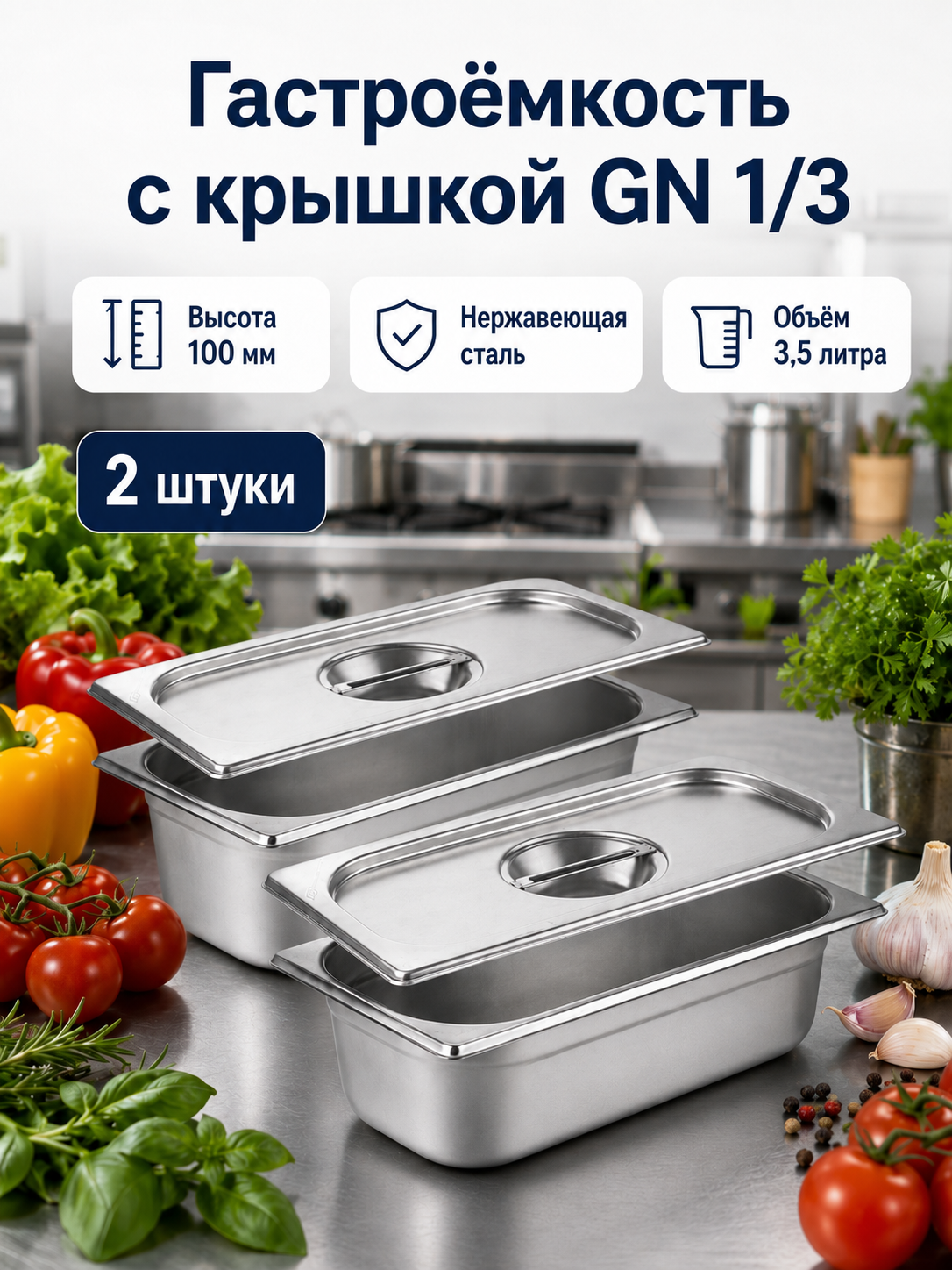 Гастроемкость GN 1/3 100 мм с крышкой, набор 2 шт, нержавеющая сталь