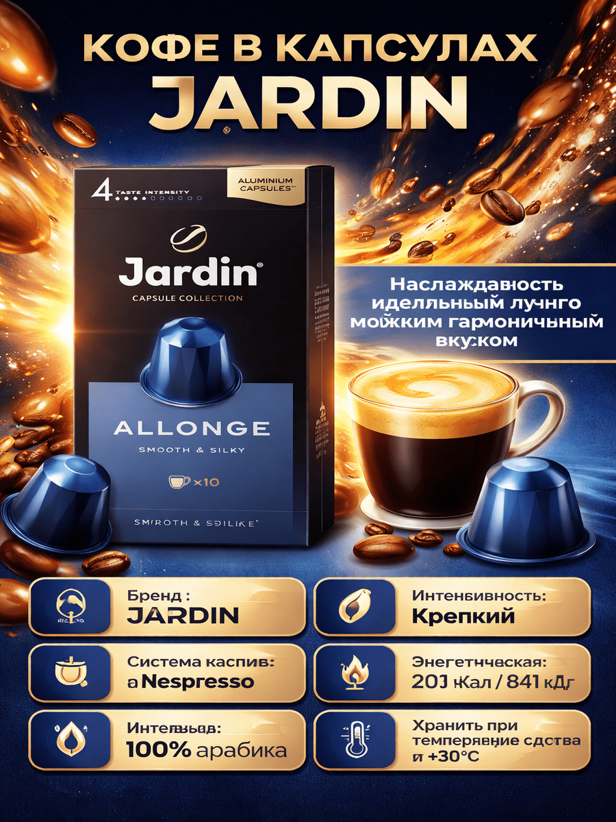 Кофе в капсулах Jardin Allonge Smooth&Silky для кофемашин Nespresso 10шт, 50г