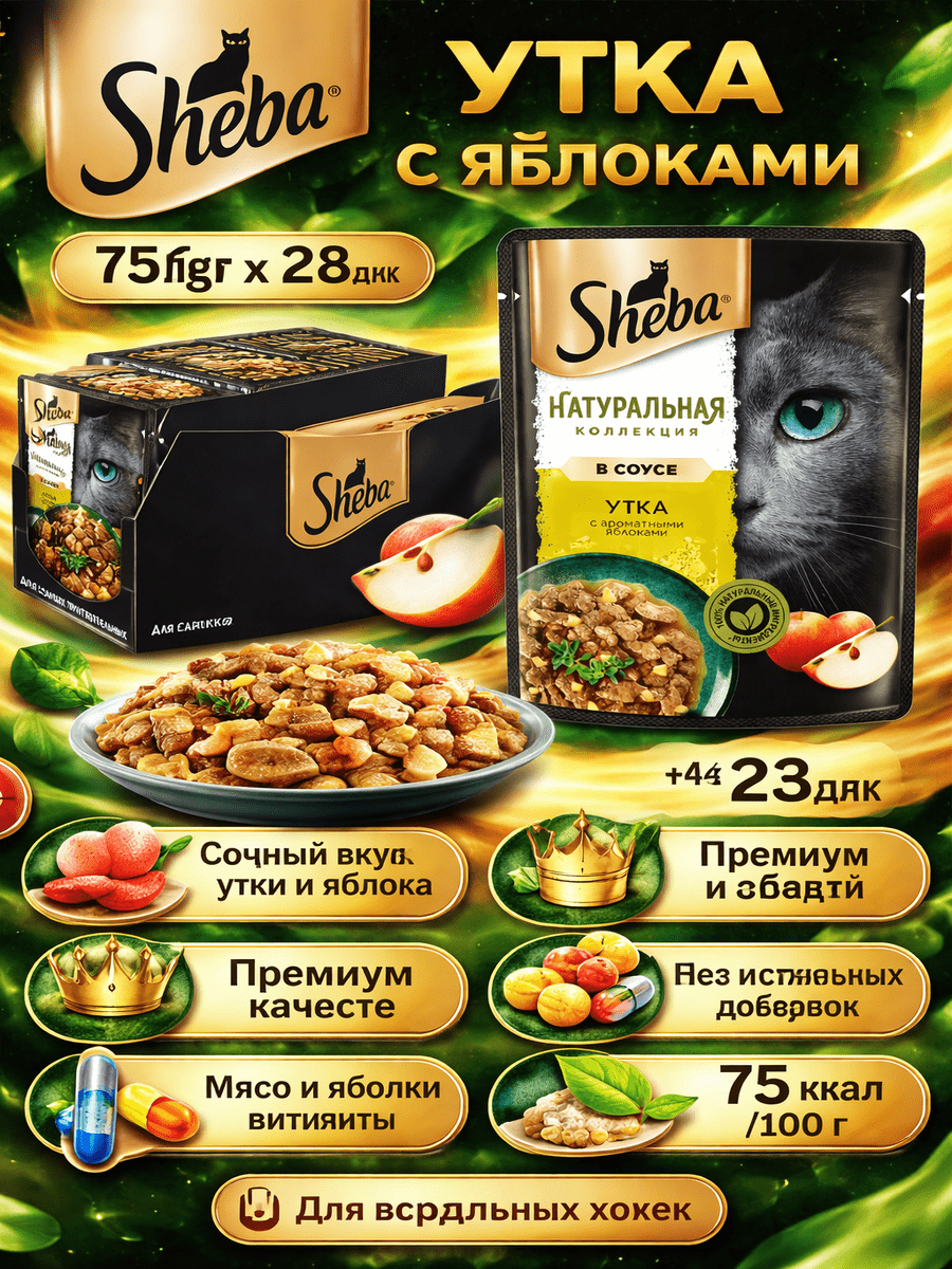 Корм влажный Sheba для кошек утка с яблоками, 75г х 28 шт