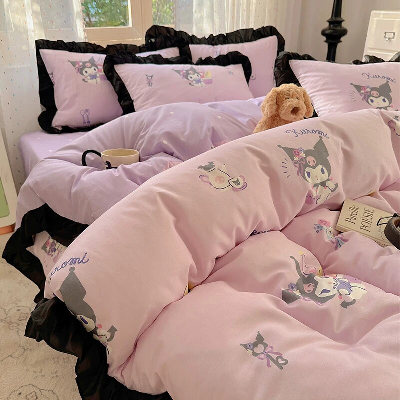 Милый комплект постельного белья Hello Kitty из чистого хлопка с кружевом, состоящий из четырех предметов, а также