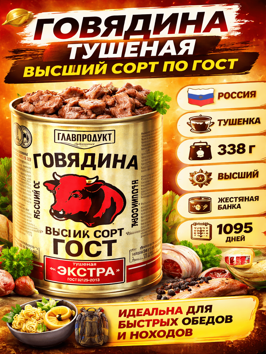 Говядина тушеная Главпродукт Экстра высший сорт ГОСТ, 338г