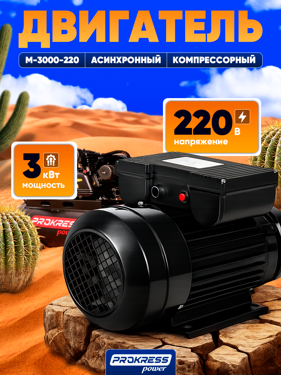 Электродвигатель для компрессора 3 кВт PROKRESS POWER M-3000-220, 220 В, однофазный