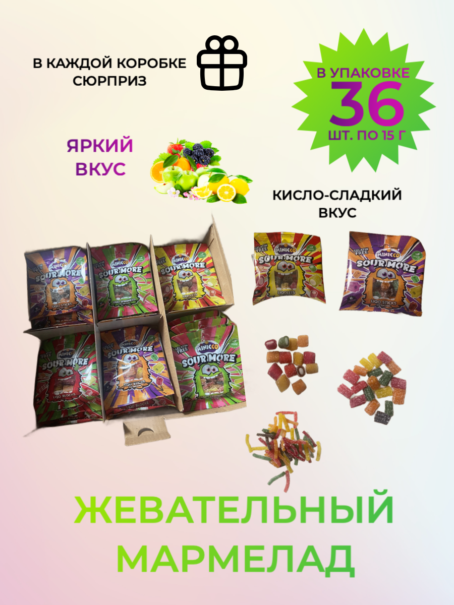 Жевательный мармелад "миникко (MINICCO)/" ассорти/ Сладости для детей, блок 36 шт./ 1 шт. 15 грамм