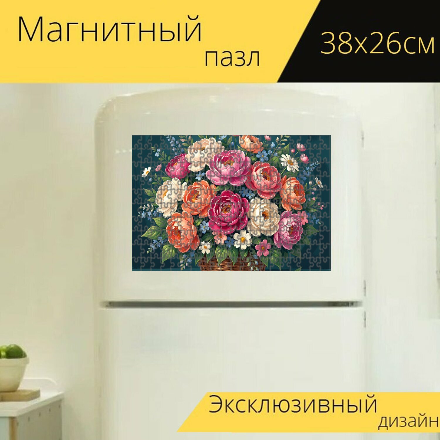 Магнитный пазл "Яркий букет в плетёной корзине. Пышная цветочная композиция в плетёной корзине: крупные бутоны, ромашки и мелкие полевые цветы. Насыщенные." для интерьера, 38х26 см.