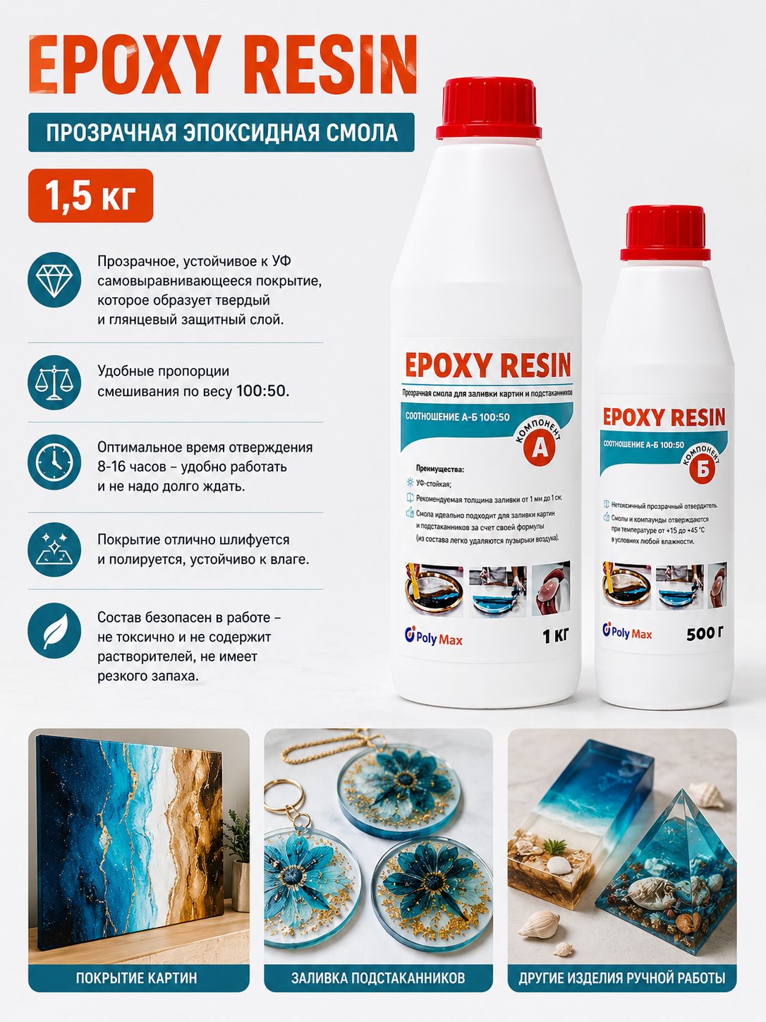 Прозрачная эпоксидная смола средней вязкости Epoxy Resin 1,5 кг.