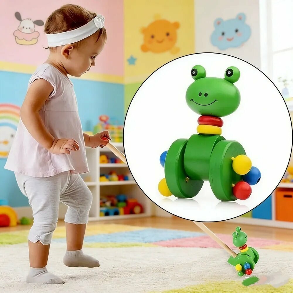 Развивающая игрушка для малышей от 1 года - Каталка детская с ручкой деревянная - Для побуждения интереса к ходьбе1