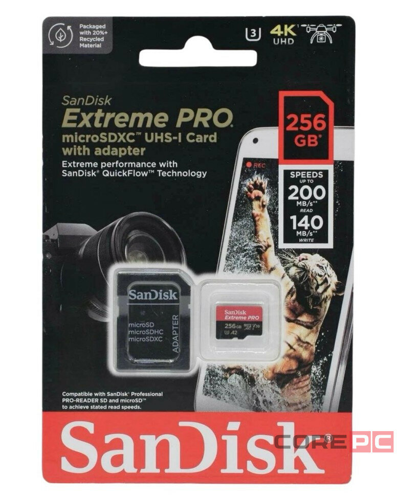 Micro SDXC карта памяти SanDisk 256GB Cl10 Extreme Pro A2 V30 UHS-I U3 (200 Mb/s) + SD адаптер