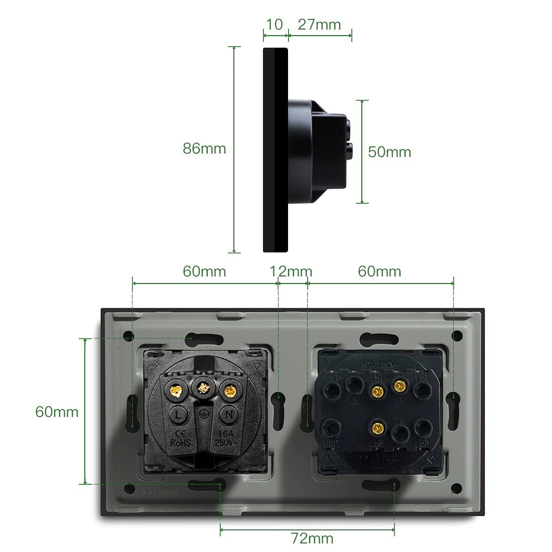 Выключатель с розеткой, 2 клавиши 1 розетка с usb type-c, 2 поста (М1+1FAC) рамка стекло 157х86мм цвет золото