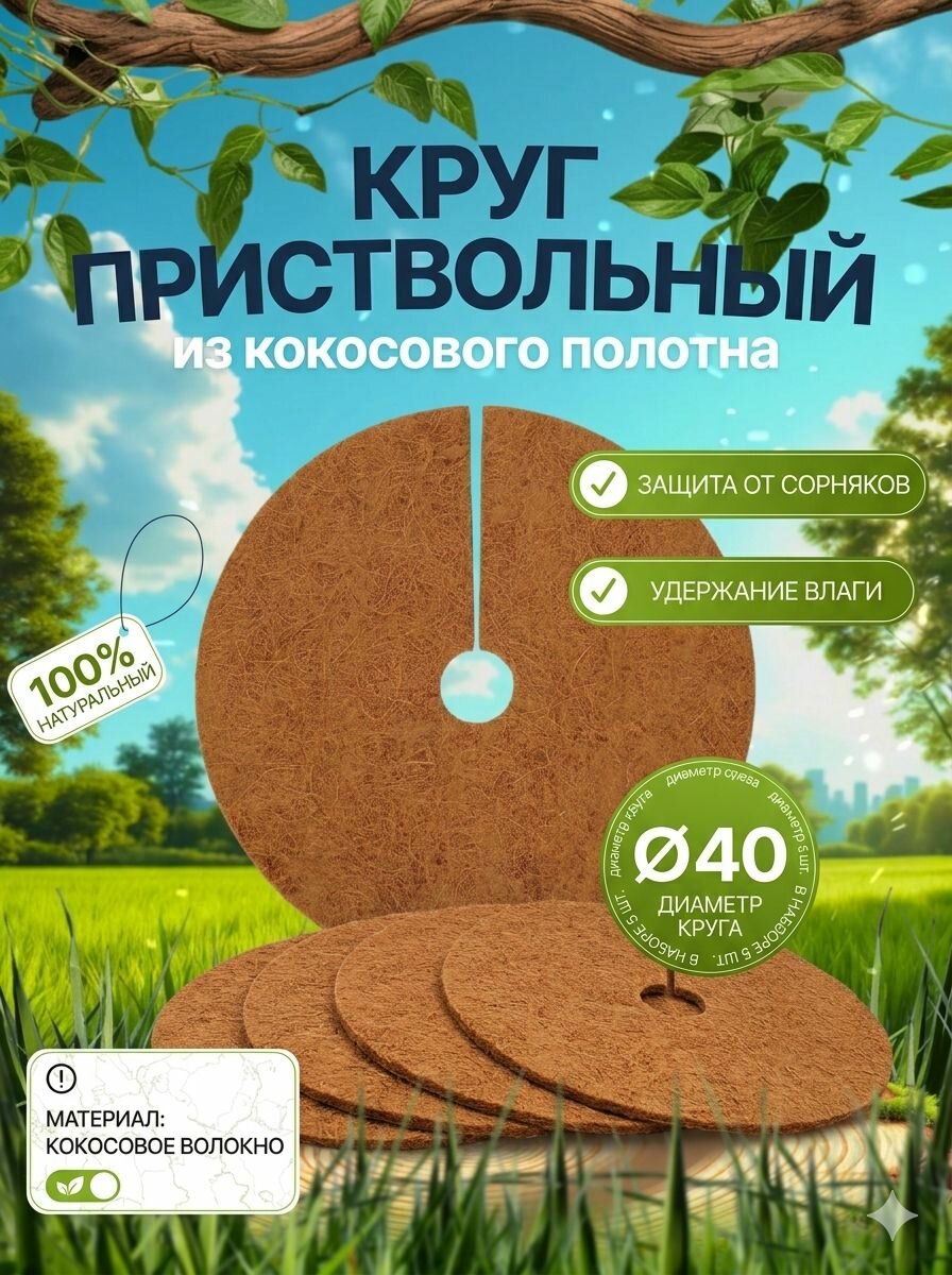 Приствольный круг диаметр 40 см 5 штук, садовый круг из кокосового полотна для защиты стволов деревьев круг приствольный кокосовое полотно защита деревьев