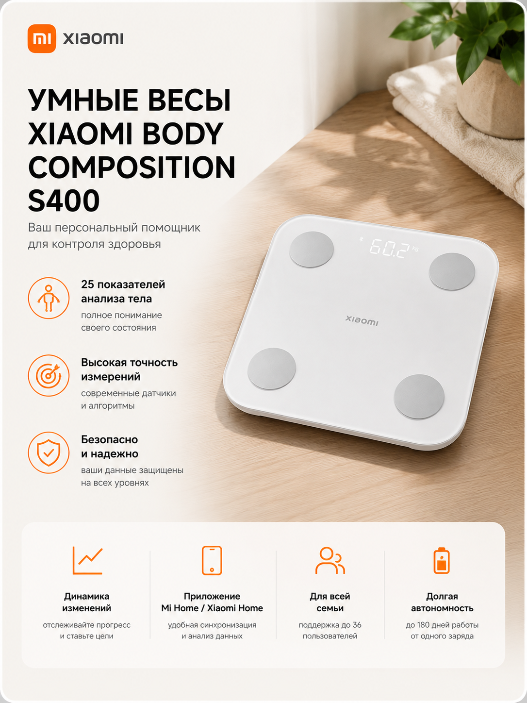 Умные весы Xiaomi Body Composition S400 EU Bluetooth, для определения доли жировой ткани