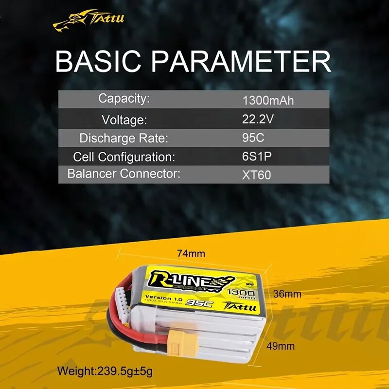 Tattu R-Line 2S 3S 4S 6S LiPo аккумулятор 550-1800 mAh с разъемами XT30 XT60 95C 1300mah 6S XT60