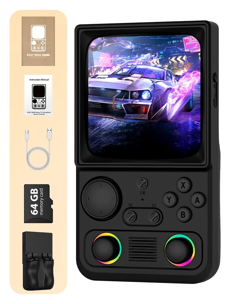 AISLPC Игровая консоль R36T MAX, 64 ГБ/18000, ретро-игра, 4000 мАч, IPS OCA-экран, поддержка Wi-Fi, черный